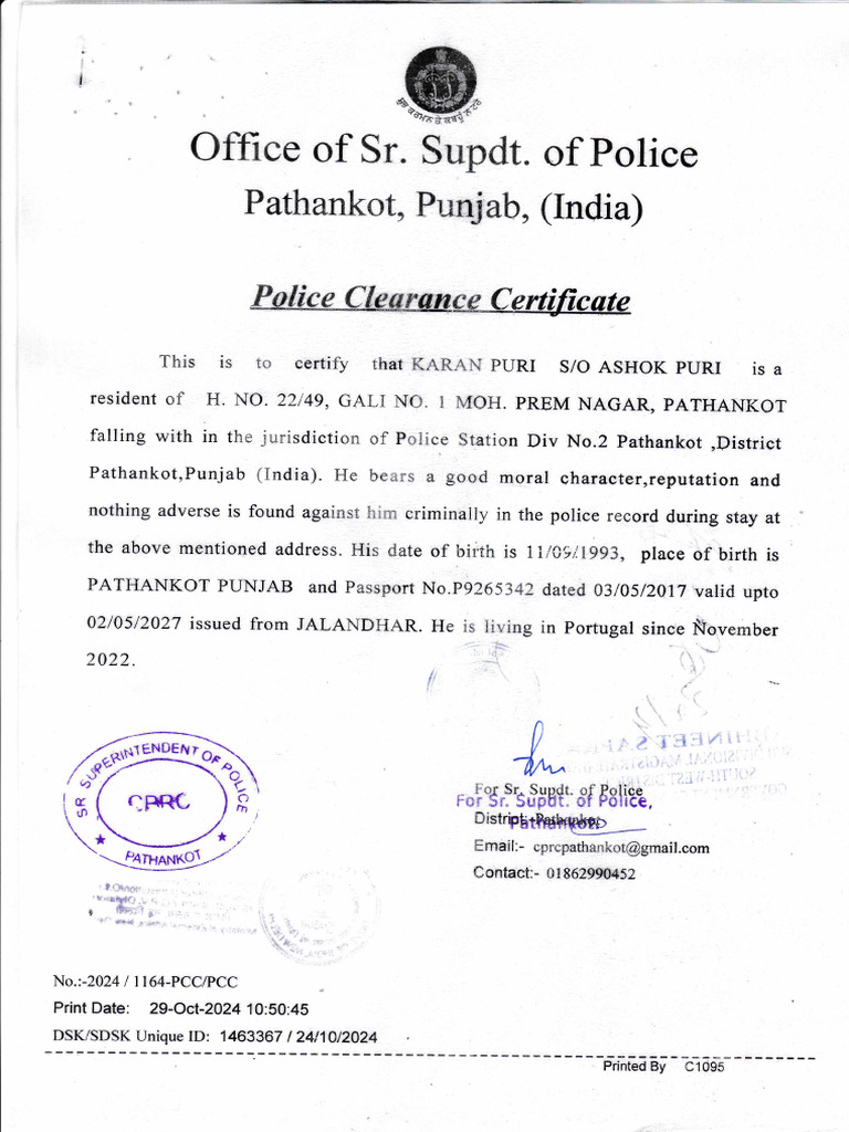 Police Clearance Certificate - Pathankot | PDF