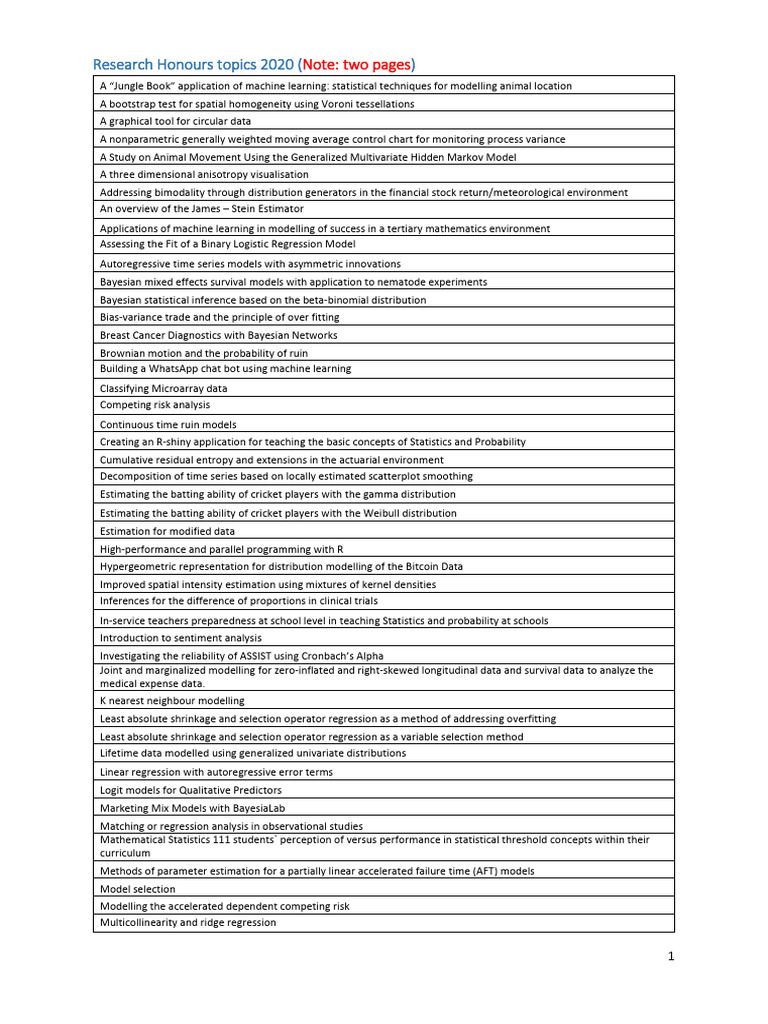 Research Honours Topics 2020.zp185448 | PDF | Regression Analysis | Logistic Regression