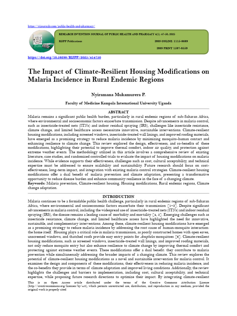 The Impact of Climate-Resilient Housing Modifications On Malaria Incidence in Rural Endemic ...