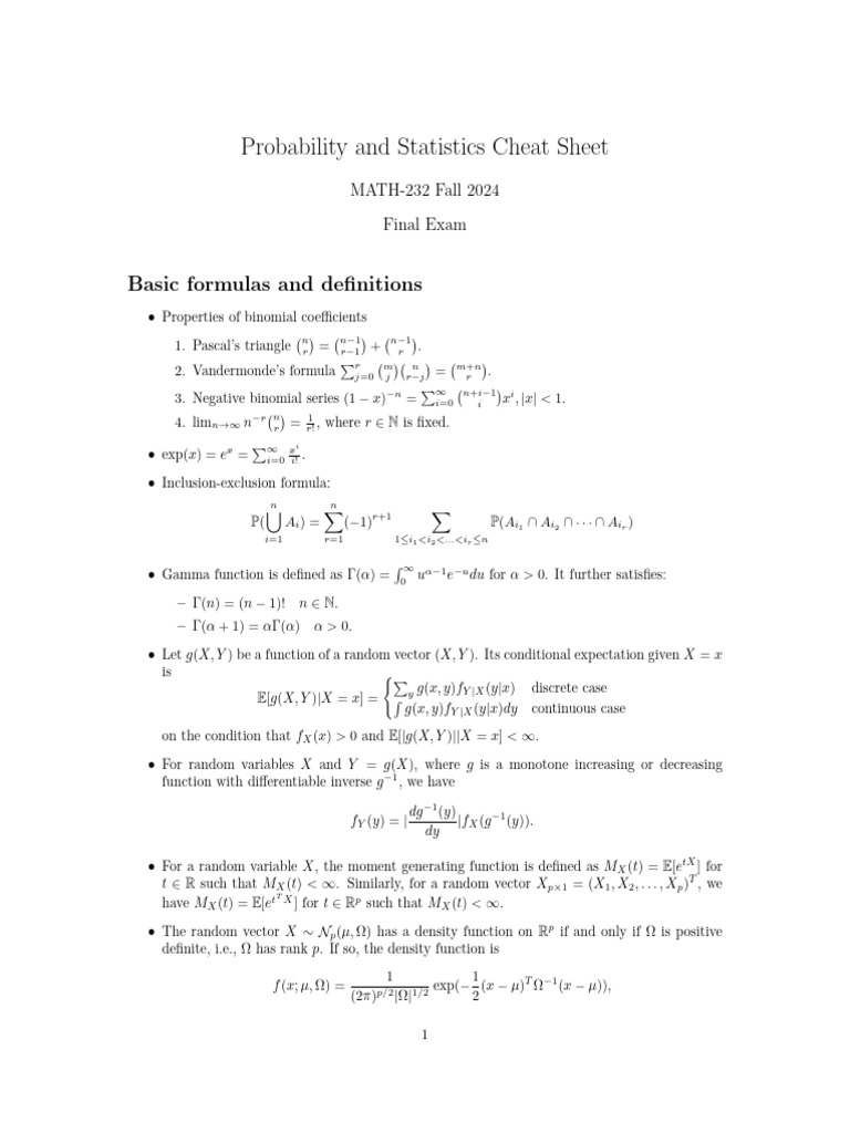 Cheat Sheet For The Final Exam | PDF | Chi Squared Distribution ...