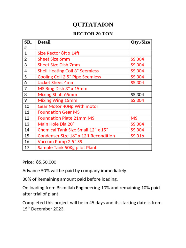 Rector 20 Ton Equipment Quotation | PDF