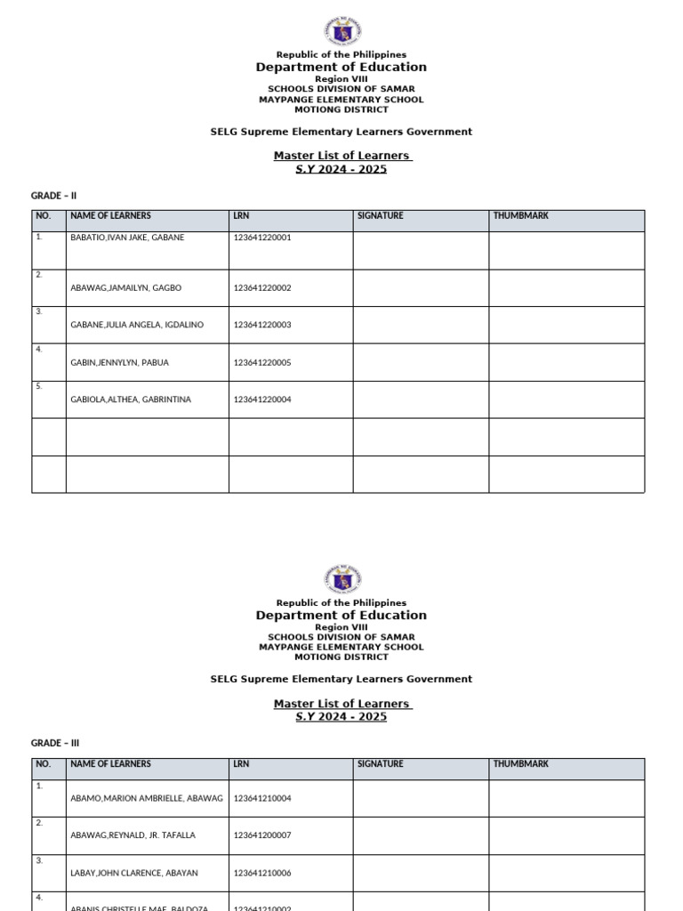 SELG Maypange ES Master List | PDF | Philippines