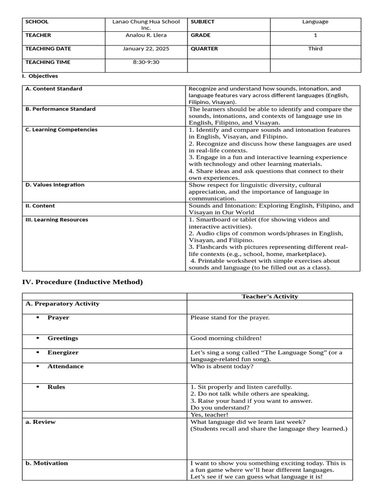 Detailed Lesson Plan Language 1 | PDF | English Language | Learning