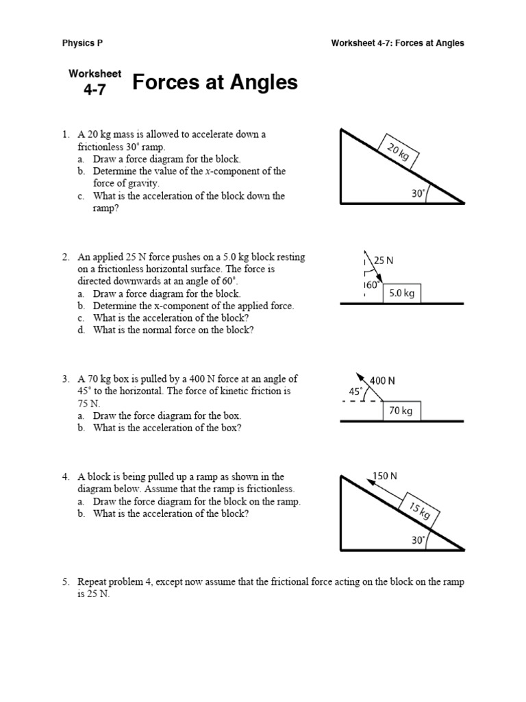 Forces at Angles Worksheet | PDF | Force | Mass