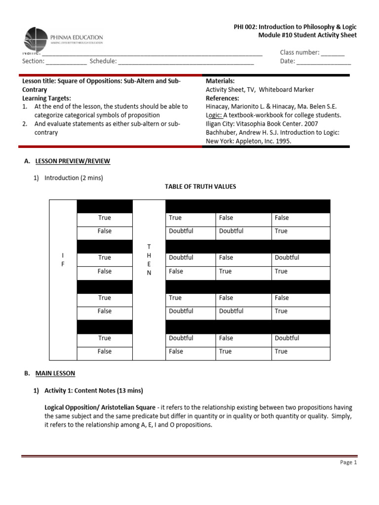 PHI 002 - SAS#10 - 2324 Square of Oppositions Sub-Altern | PDF | Mathematical Logic | Epistemology