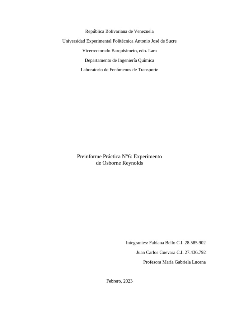 Preinforme PrÃ¡ctica 6 | PDF | Numero Reynolds | Viscosidad