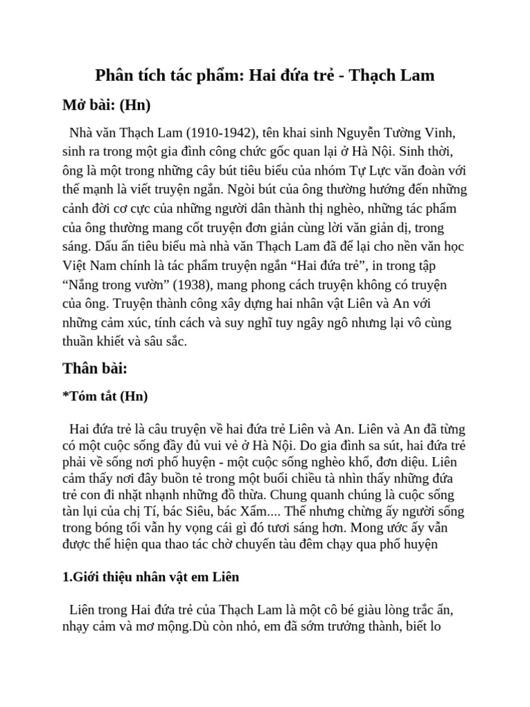 Hai đứa trẻ-Thạch Lam | PDF