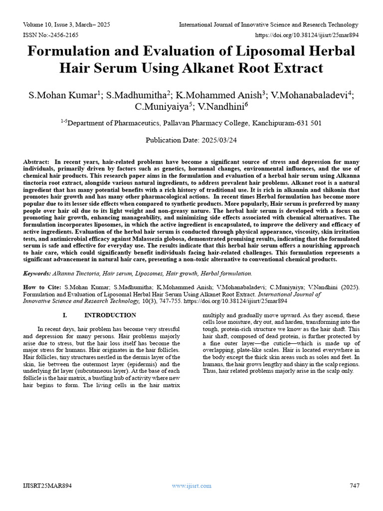 Formulation and Evaluation of Liposomal Herbal Hair Serum Using Alkanet Root Extract | PDF ...