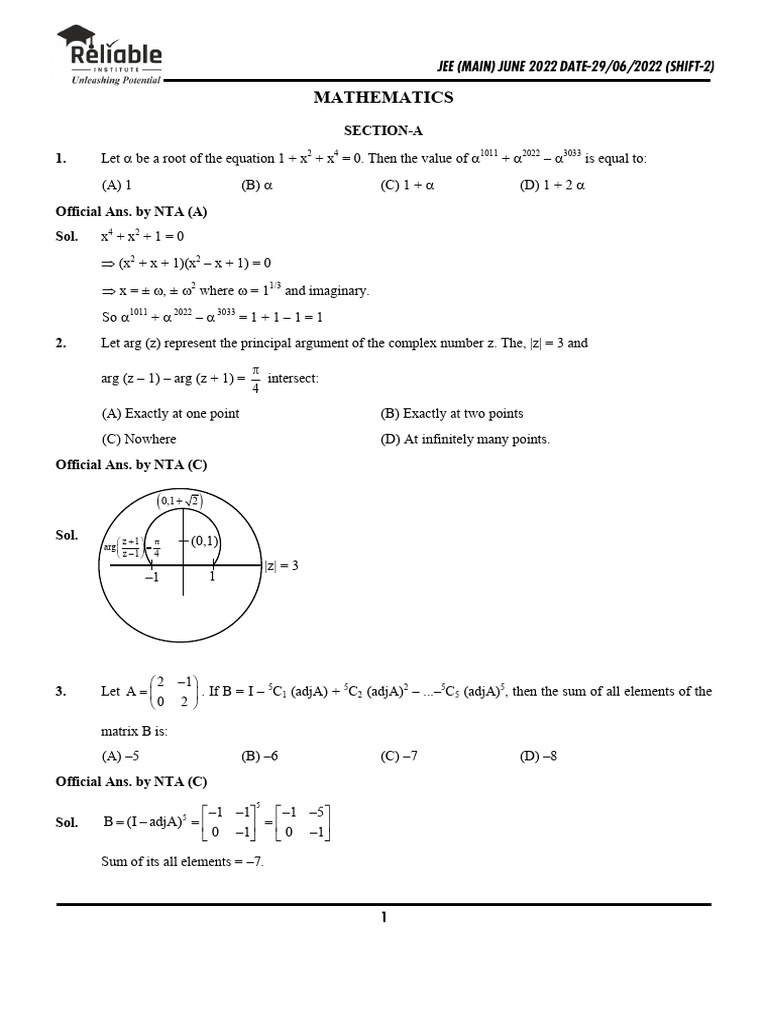 JEE Main June 2022 Mathematics Solutions | PDF | Mathematics ...