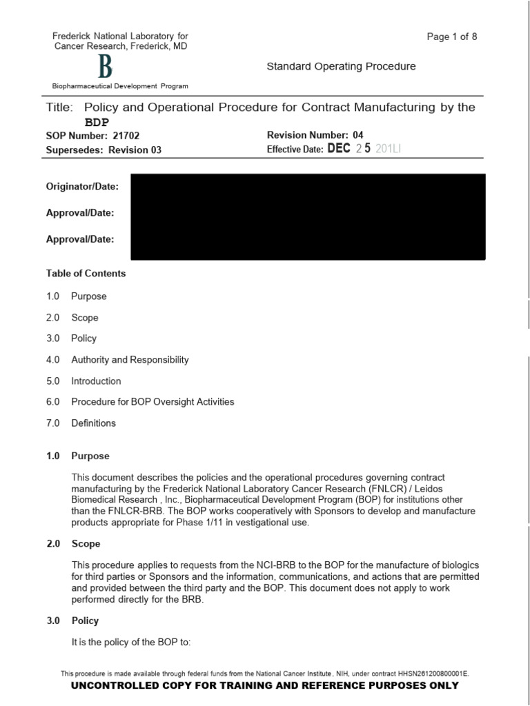 Policy and Operational Procedure For Contract Manufacturing by The BDP ...