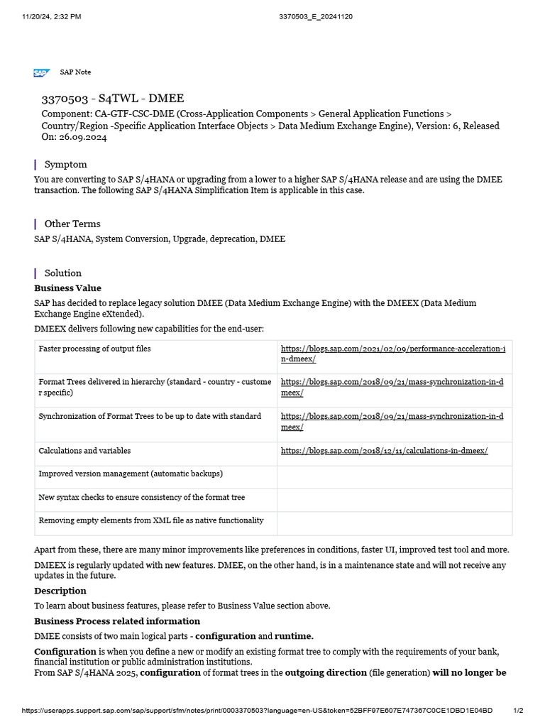 SAP Note 3370503 - S4TWL - DMEE | PDF | Information | Xml
