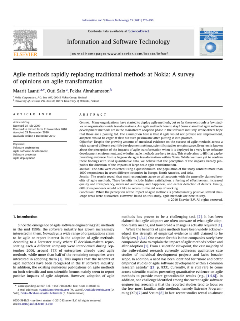 Agile methods rapidly replacing traditional methods at nokia a survey of opinions on agile ...