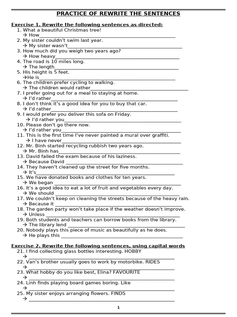 Practice of Rewrite The Sentences | PDF