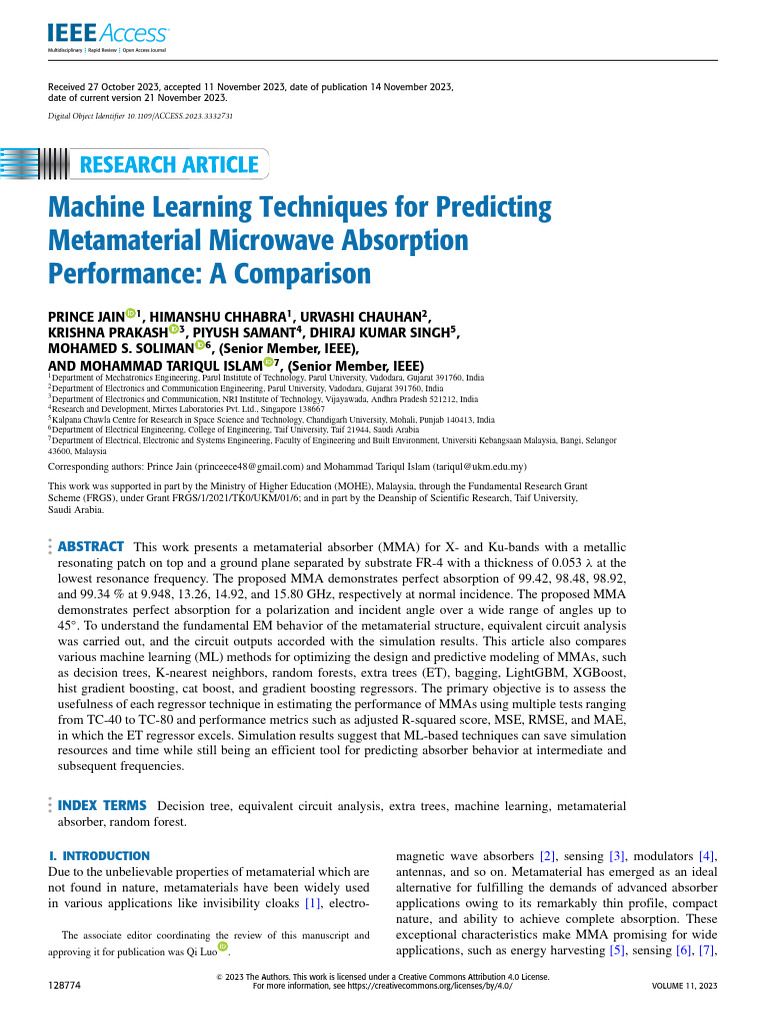 Machine Learning Techniques For Predicting Metamaterial Microwave Absorption Performance A ...