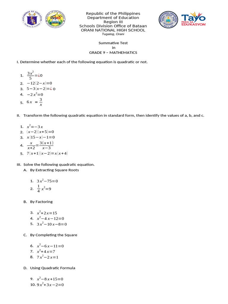 Summative Test Math 9 1st | PDF | Quadratic Equation | Algebra