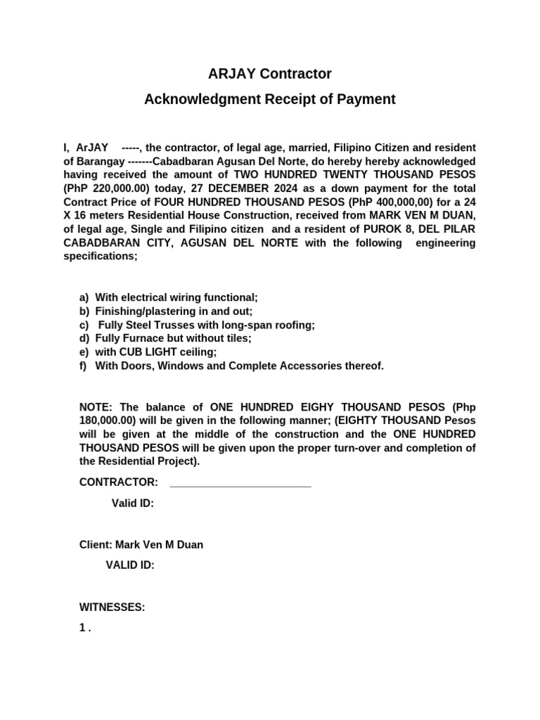 ARJAY Contractor Acknoeledgment Receipt | PDF