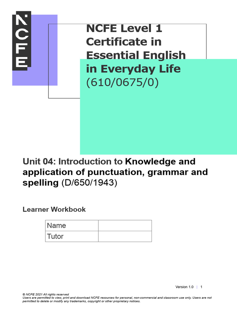 Essential English Level 1, Unit 4 Workbook 2 | PDF | Grammatical Number ...