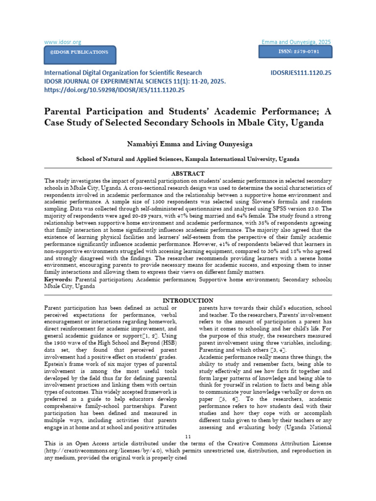 Parental Participation and Students' Academic Performance A Case Study ...