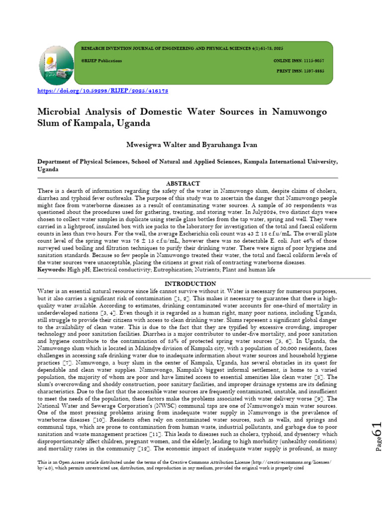 Microbial Analysis of Domestic Water Sources in Namuwongo Slum of Kampala, Uganda (www.kiu.ac.ug ...