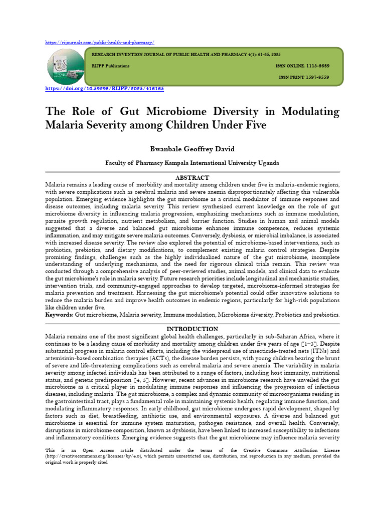The Role of Gut Microbiome Diversity in Modulating Malaria Severity among Children Under Five ...