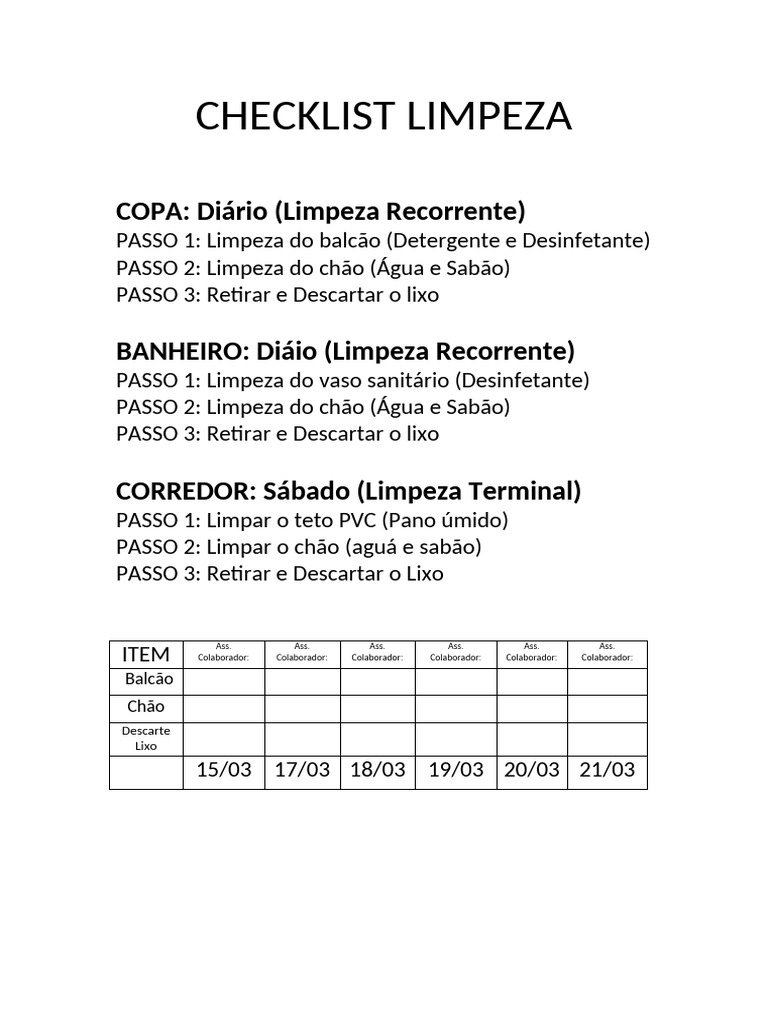 Checklist Limpeza | PDF