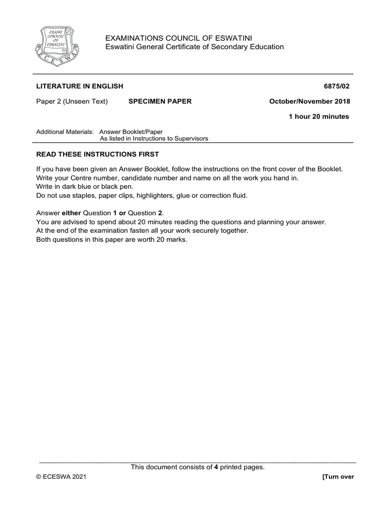 EGCSE Literature in English Specimen 2021 - 2021 Question Paper 2 | PDF