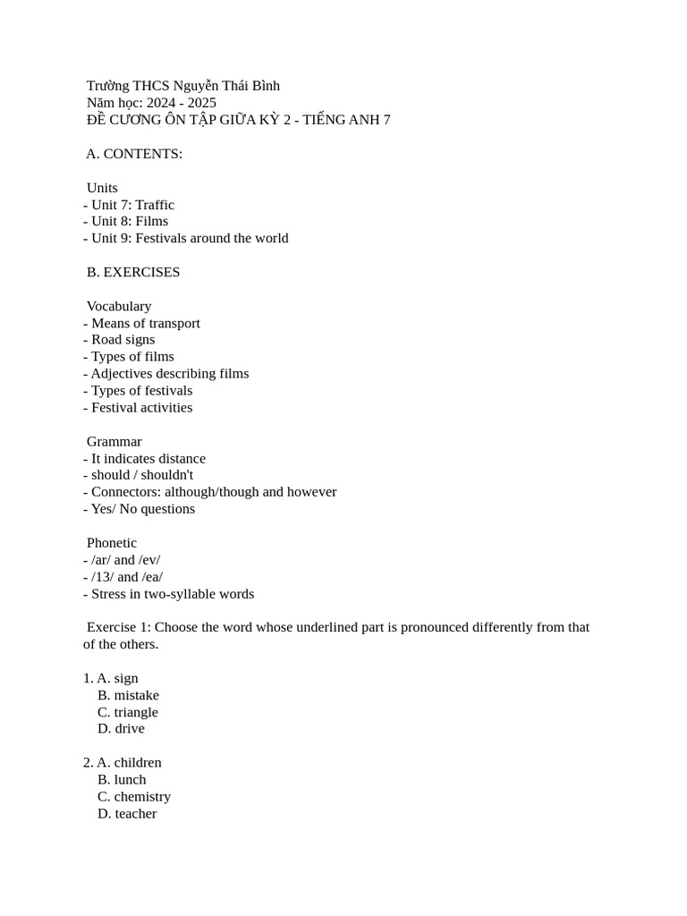 TA 7 Đề Cương gk2 24-25 TN | PDF | Traffic | Traffic Congestion