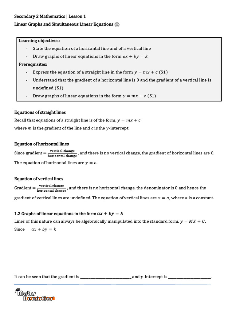 Notes S2 Math L1 Linear Graphs and Simultaneous Linear Equations I 1 ...