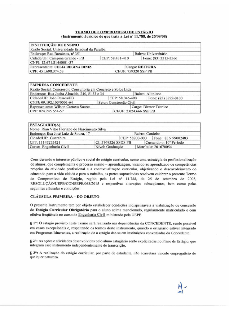Termo de Compromisso Estágio - Rian Vitor_signed | PDF