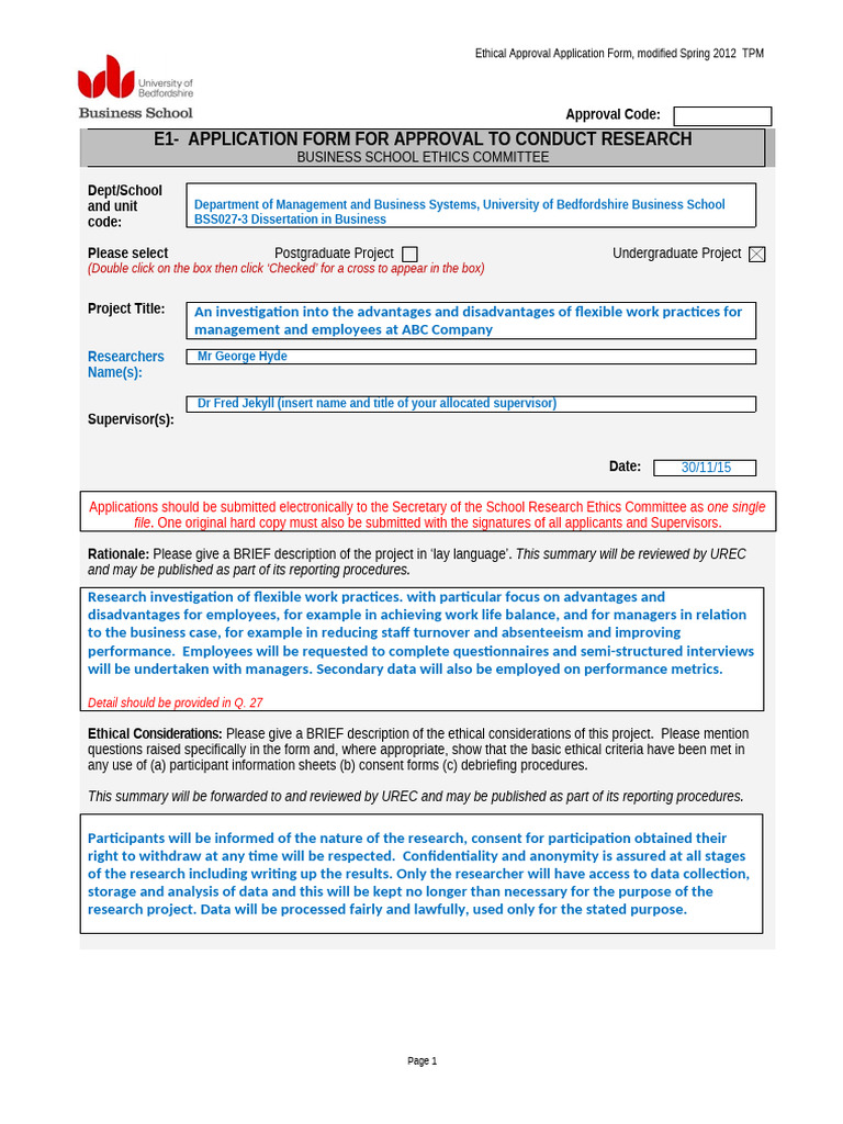 Example Completed Ethics Form | PDF | Data