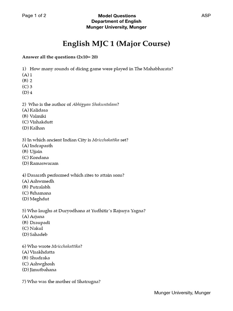 MJC English Model Questions Guide | PDF