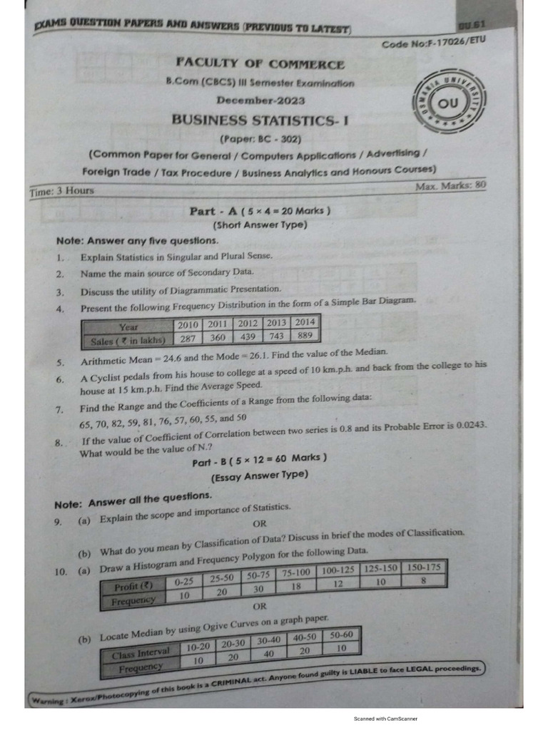 Business Statistics - 1 Previous Year Question Paper | PDF