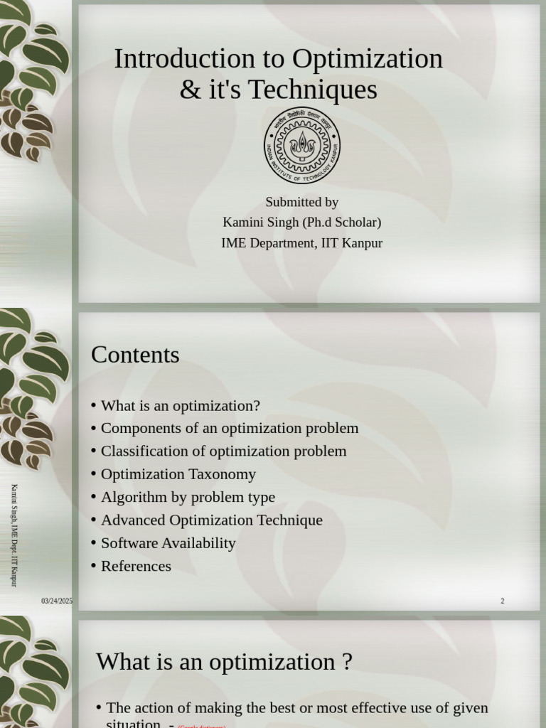 Introduction To Optimization & It's Techniques: Submitted by Kamini Singh (PH.D Scholar) IME ...