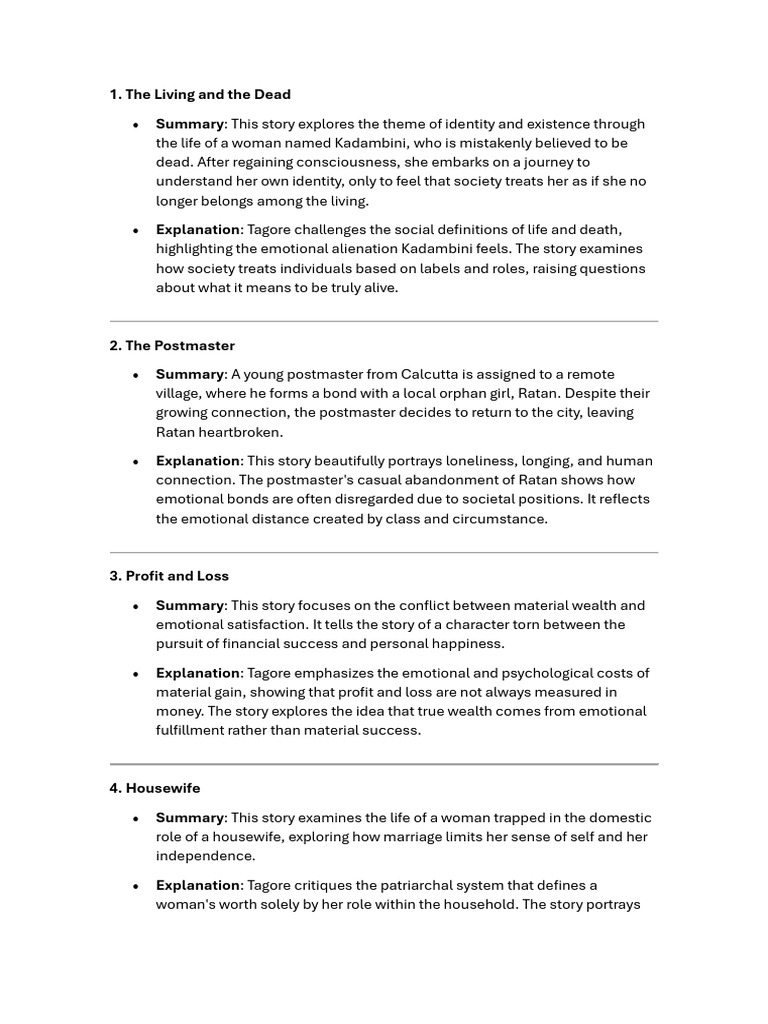 Selected Short Stories - Summary | PDF | Identity (Social Science) | Love
