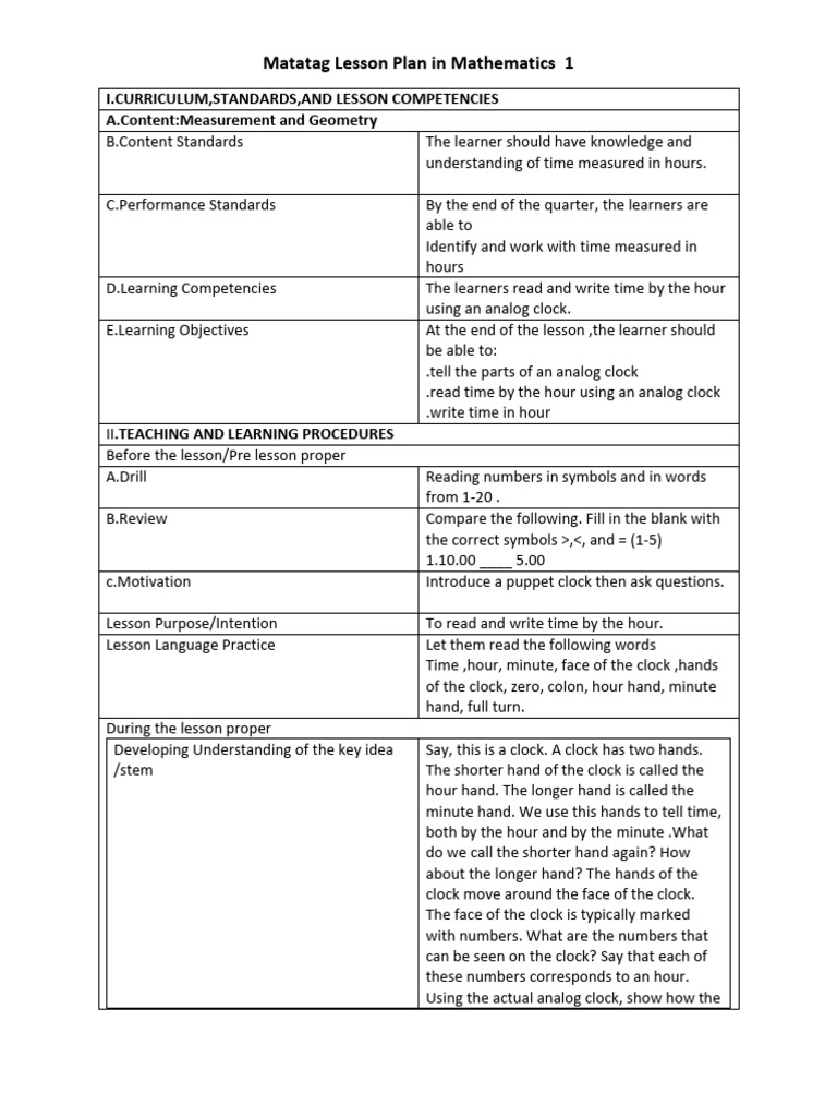 Grade 1 Matatag Math Lesson Plan | PDF | Learning | Lesson Plan