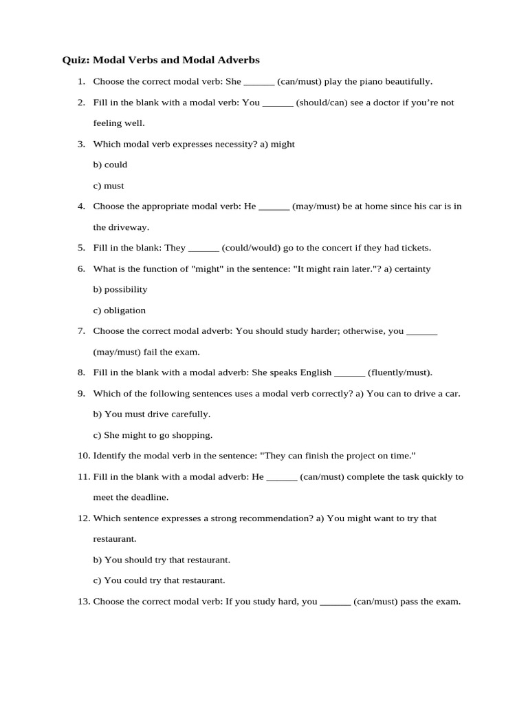 Quiz - Modal Verbs and Adverbs | PDF