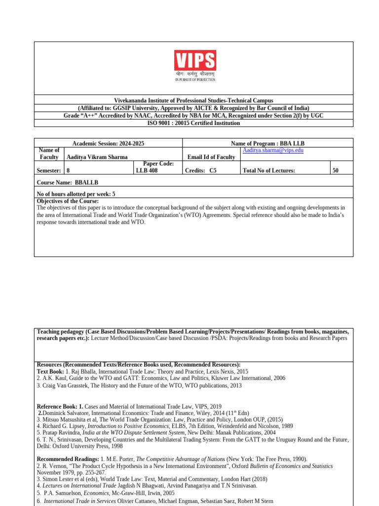 Lesson Plan - ITL finale - BBALLB-WeekWise | PDF | World Trade Organization | Uruguay Round
