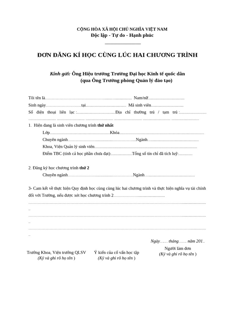 Đơn Đăng Kí Học Cùng Lúc Hai Chương Trình | PDF