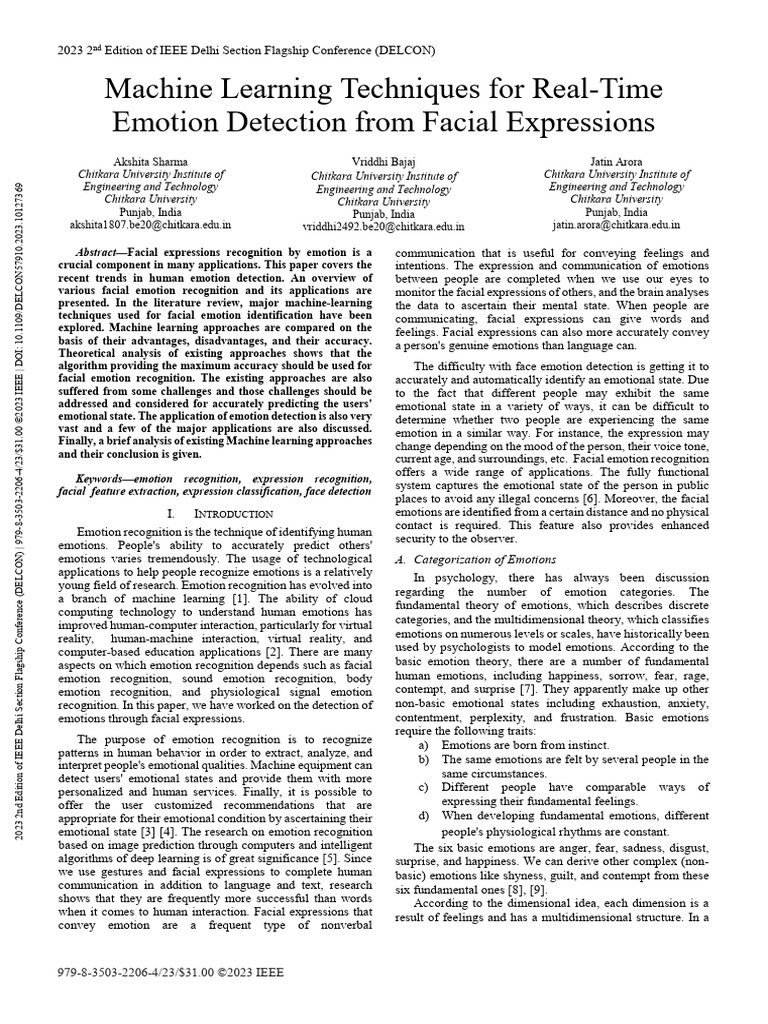 Machine Learning Techniques For Real-Time Emotion Detection From Facial ...