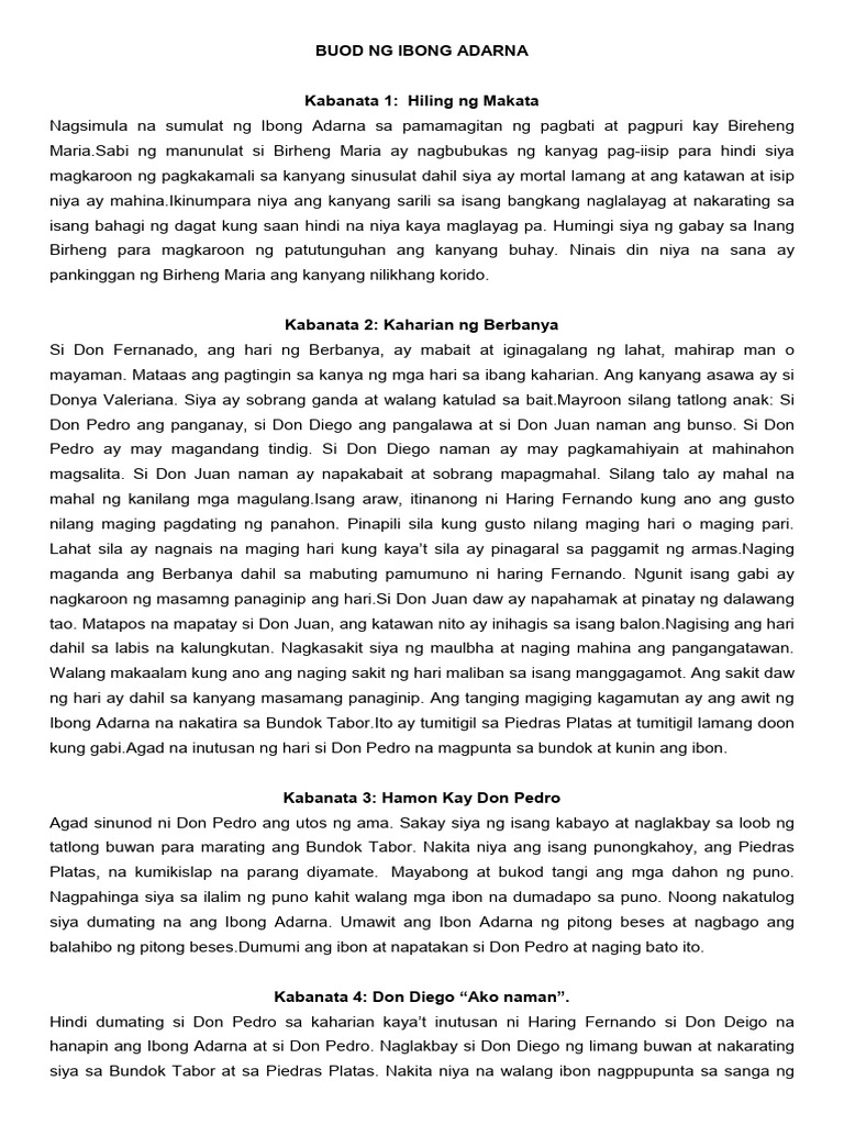 BUOD NG IBONG ADARNA Kabanata 1 Hiling N | PDF