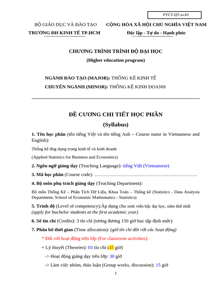 Syllabus - TKUD Trong Kinh Te Va Kinh Doanh 2024 | PDF