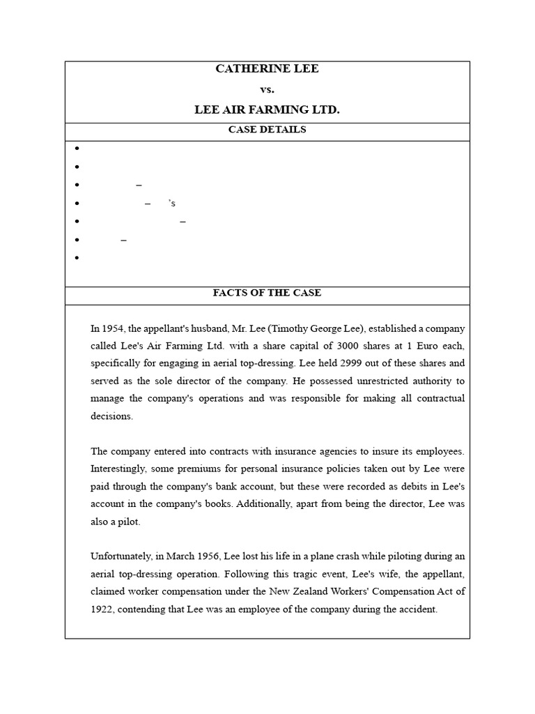 Lee v Lee's Air Farming Ltd Case Summary | PDF | Piercing The Corporate ...