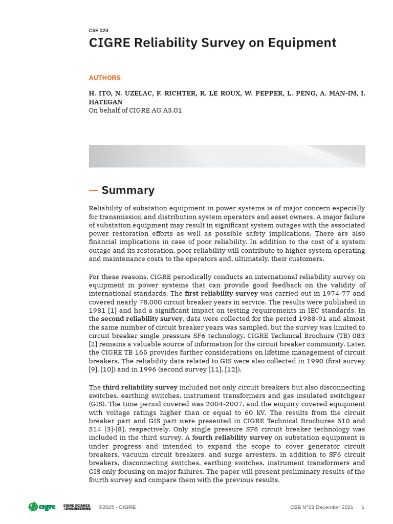 CIGRE Reliability Survey On Equipment | PDF | Electric Power Distribution | Electromagnetism