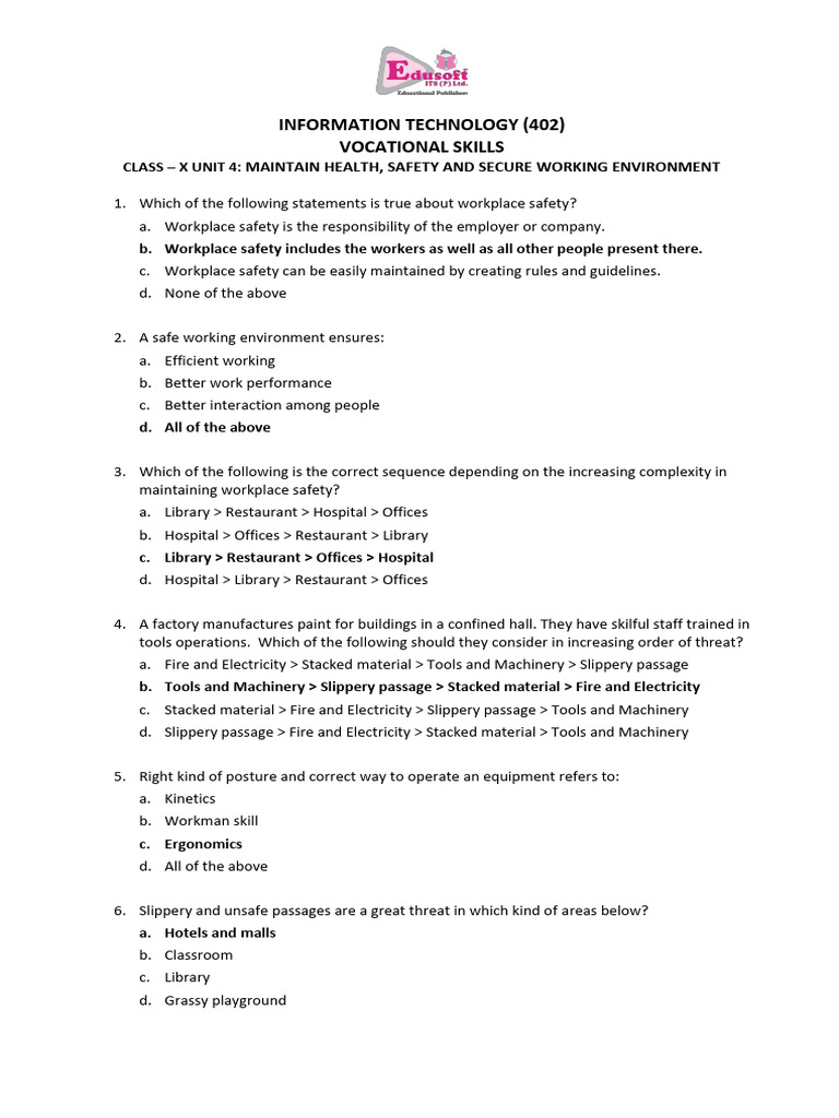 AK-MCQ - X 402 - Unit 4 - Maintain Health, Safety and Secure Working Environment | PDF | First ...