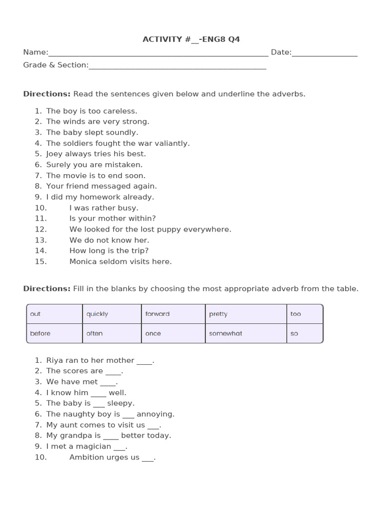 Identify The Adverbs With Answer Key | PDF