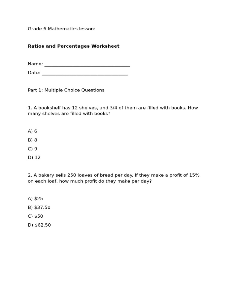 Grade 6 Ratios and Percentages Worksheet | PDF