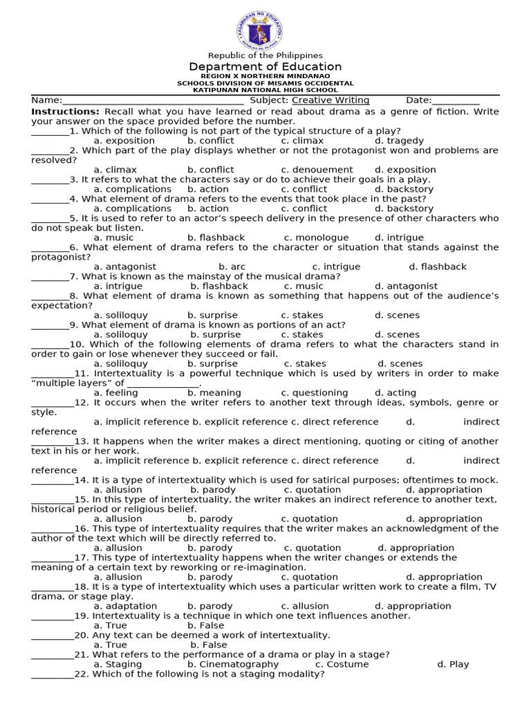 Creative Writing: Drama Elements Quiz | PDF | Intertextuality | Parody