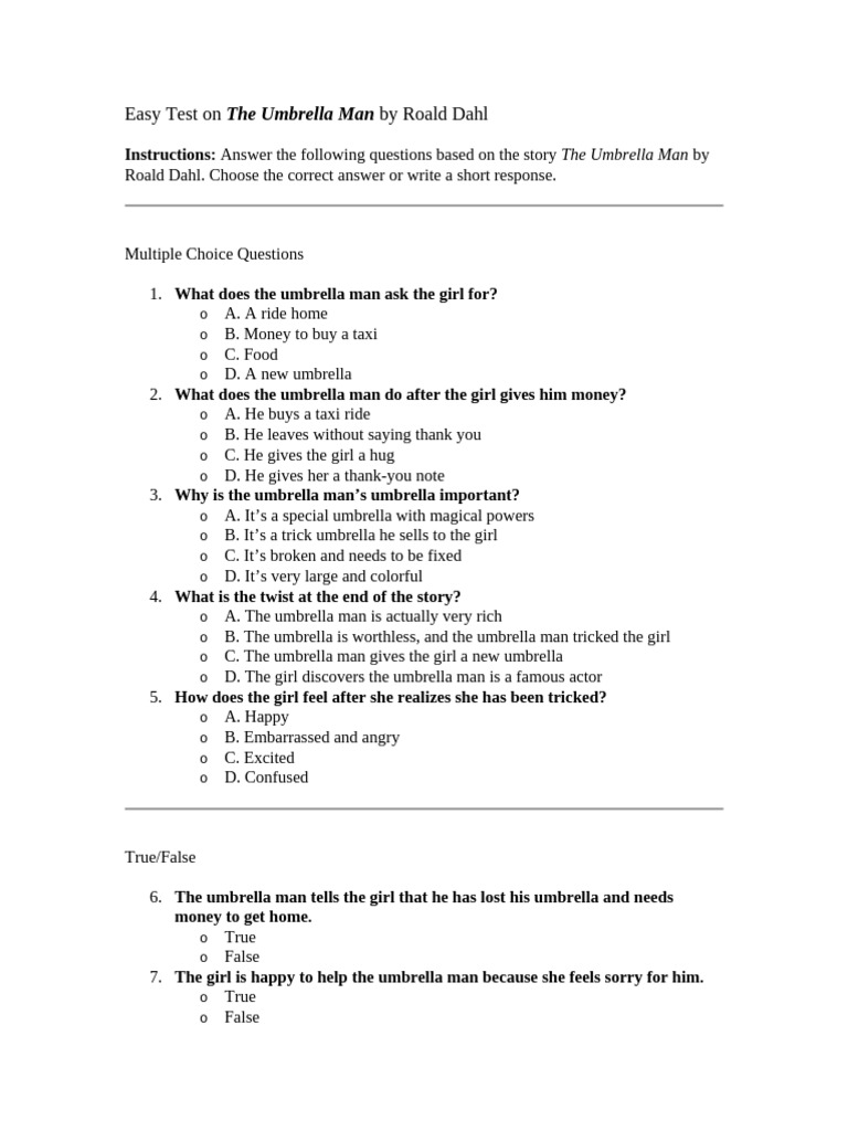 Easy Test On The Umbrella Man by Roald Dahl | PDF