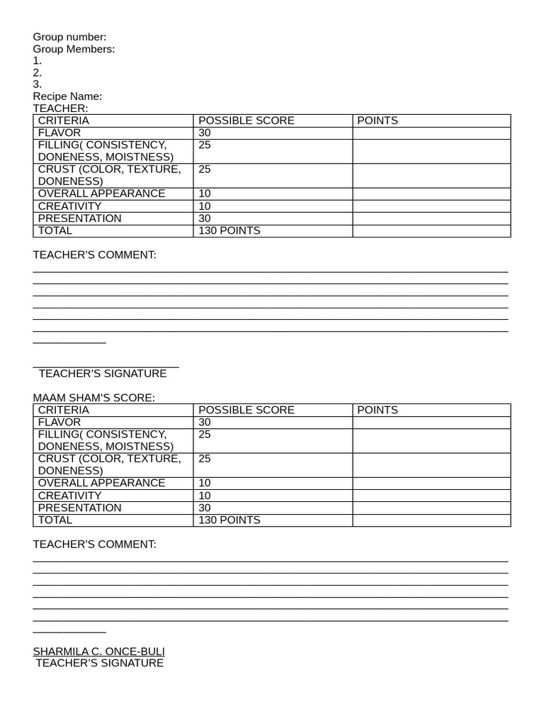 Pie Judging Scorecard Template | PDF