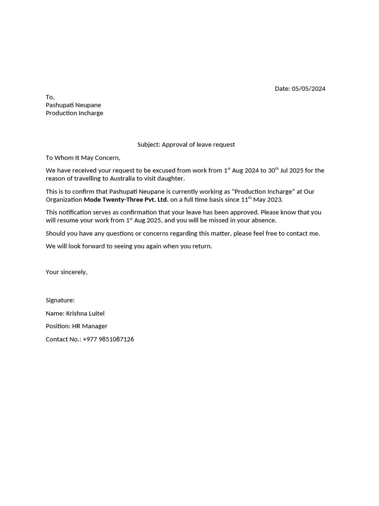Work Leave Approval Letter - Sample | PDF